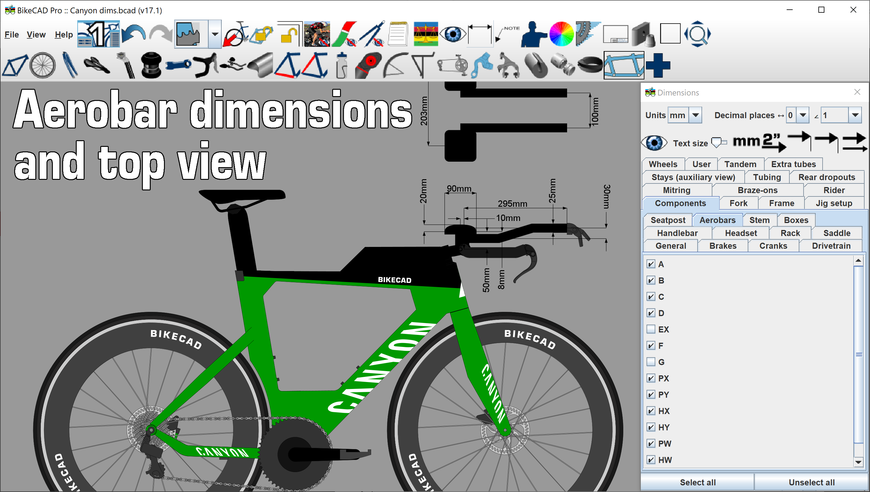 Aerobar dimensions and top view (showing) | www.bikecad.ca